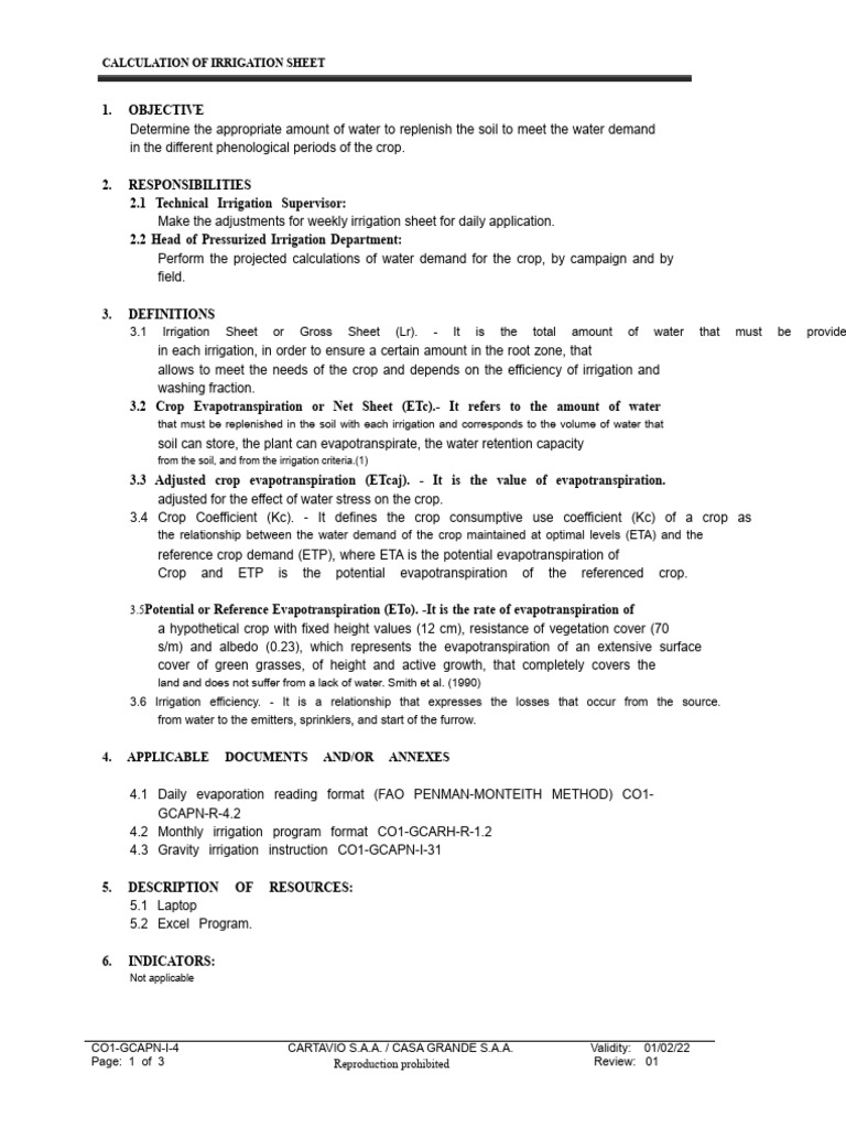 Calculation of Irrigation Sheet. | PDF | Evapotranspiration | Earth Sciences