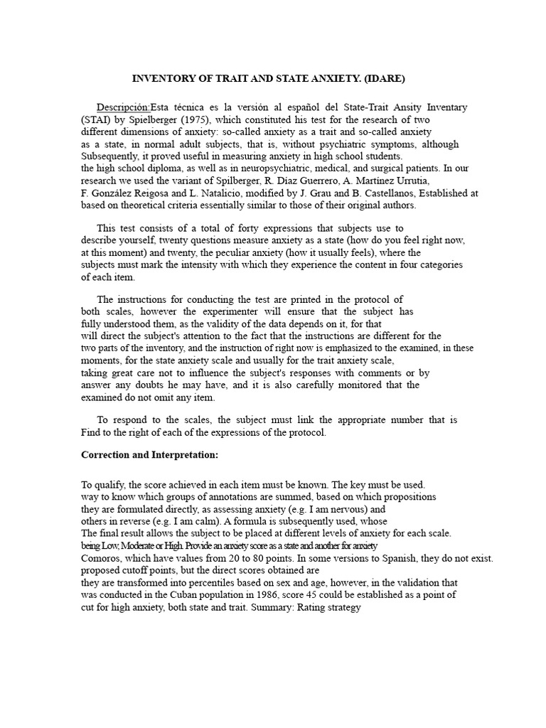 IDARE - Trait and State Anxiety Inventory - Manual and Test | PDF ...