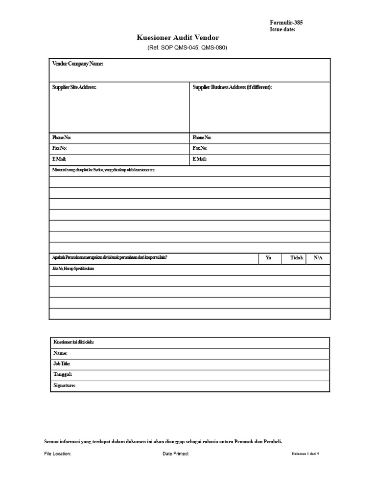 Kuesioner Audit Vendor untuk Sydco | PDF