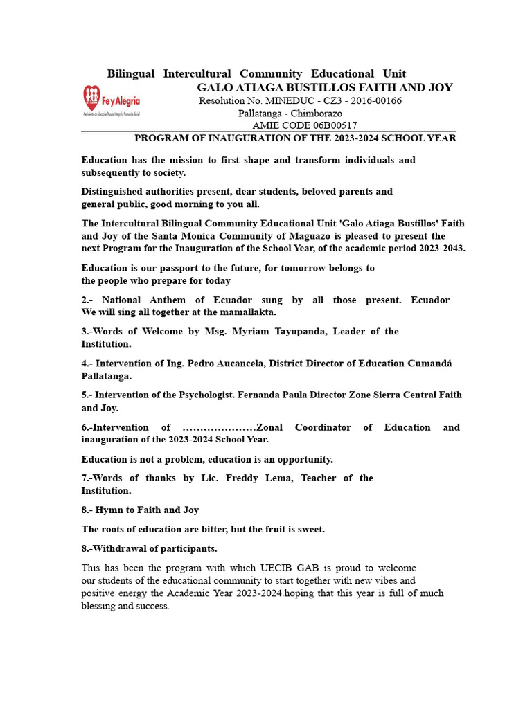 School Year Inauguration Program | PDF