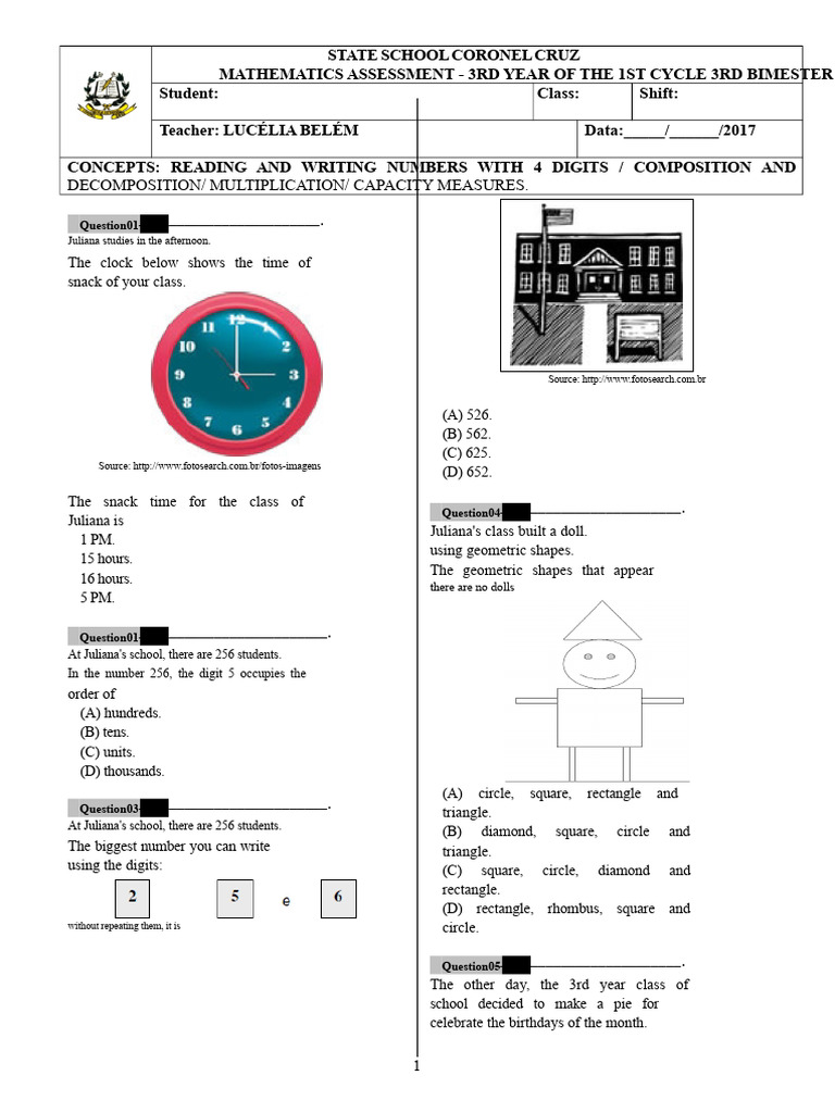 MATHEMATICS ASSESSMENT: 3rd YEAR OF ELEMENTARY SCHOOL 1 - I CYCLE - 3rd ...