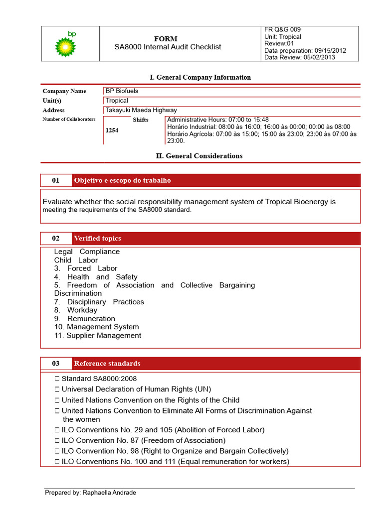 SA8000 Internal Audit Checklist for BP Biofuels | PDF | Occupational ...