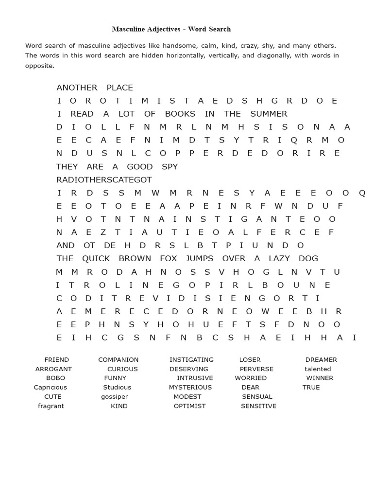 Difficult Masculine Adjectives | PDF | Word Search | Linguistics