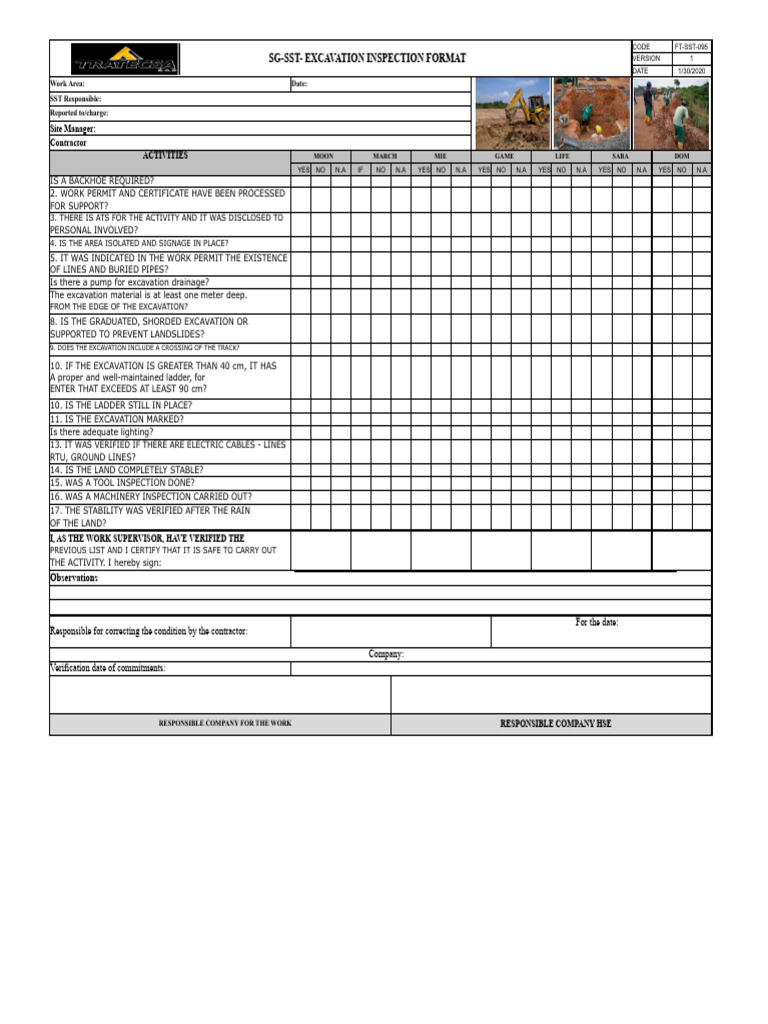 FT-SST-095 Excavation Inspection Form | PDF