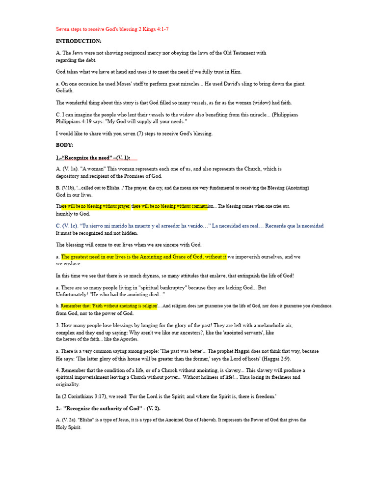Seven Steps To Receive God's Blessing 2 Kings 4 | PDF | Jesus | Salvation