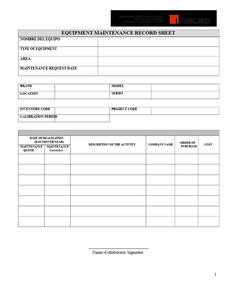 Equipment Maintenance Record Template | PDF