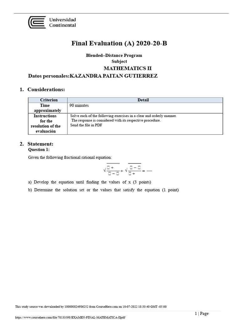 Final Exam Mathematics II PDF | PDF | Equations | Mathematical Analysis