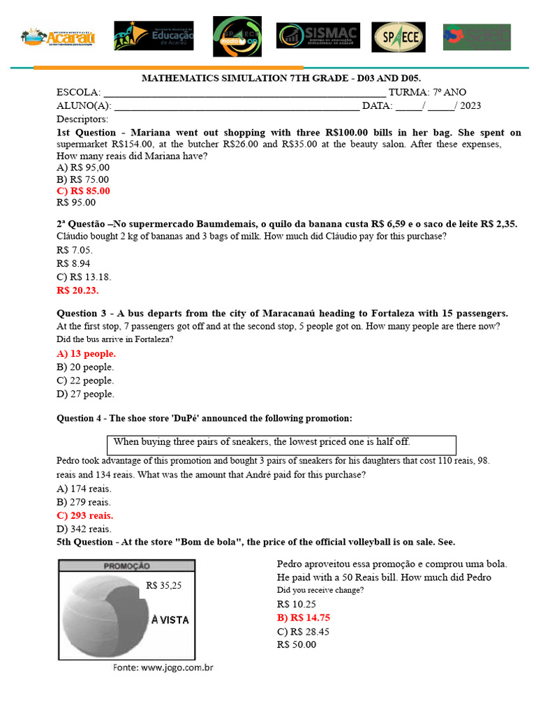 7th Grade - Mathematics - Answer Key - Junior Ferreira | PDF