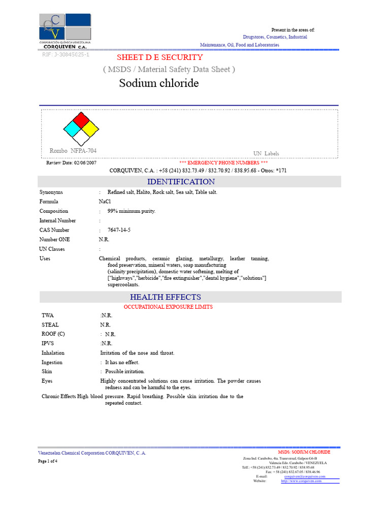 Industrial Salt MSDS | PDF | Sodium Chloride | Salt