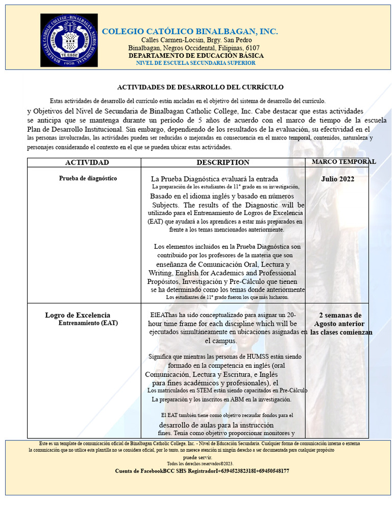 Actividades Curriculares en Binalbagan | PDF | Plan de estudios ...