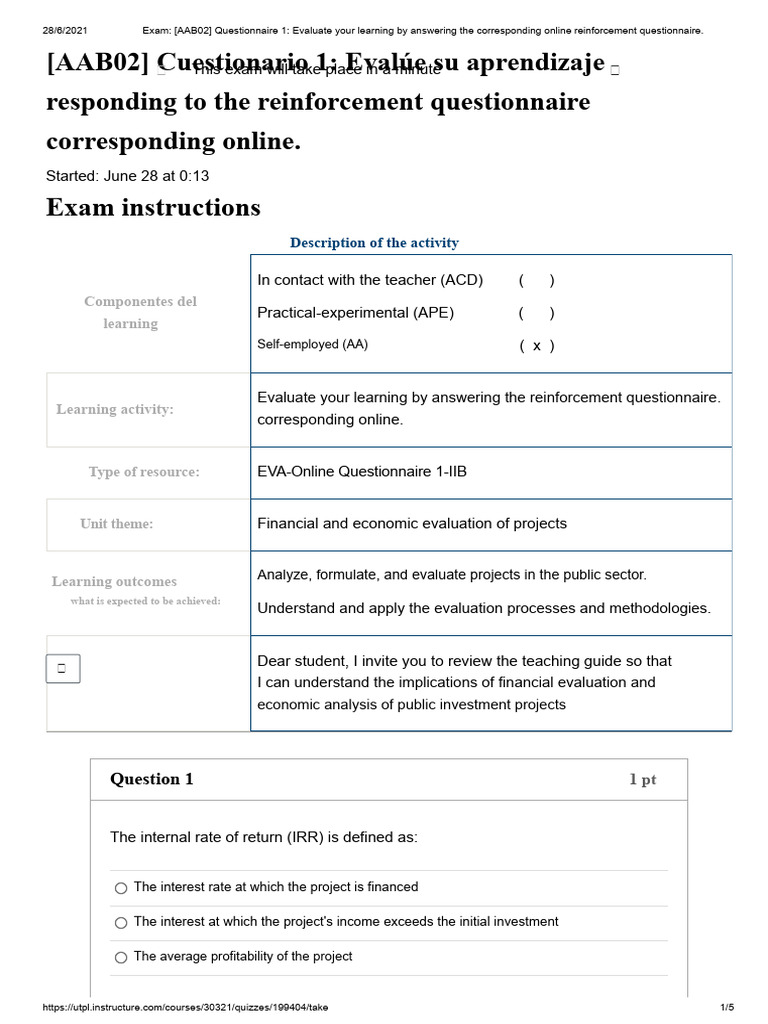 Exam - (AAB02) Questionnaire 1 - Evaluate Your Learning by Answering ...