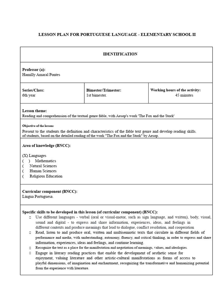 Lesson Plan Outline - Fable 6th Grade | PDF | Narrative | Genre
