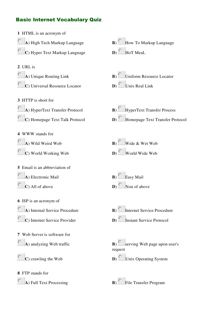 Basic Internet Vocabulary Quiz | PDF | File Transfer Protocol | World ...