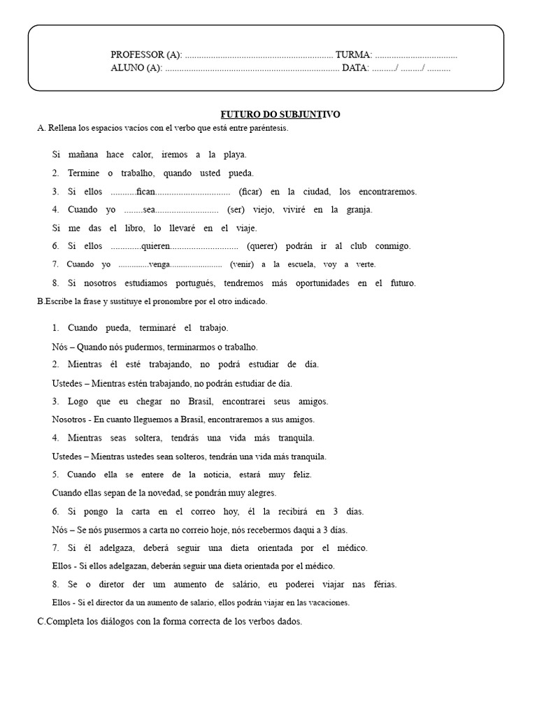 Ejercicios - FUTURO DEL SUBJUNTIVO | PDF | Tipología Lingüística ...