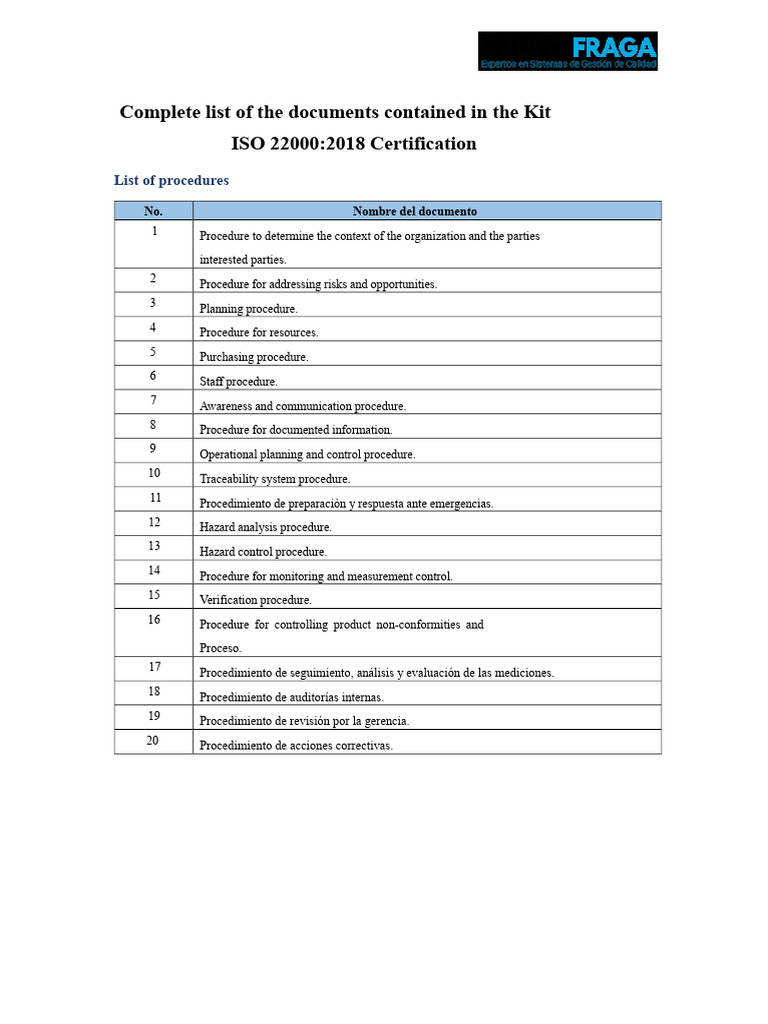Documentos del Kit ISO 22000:2018 | PDF