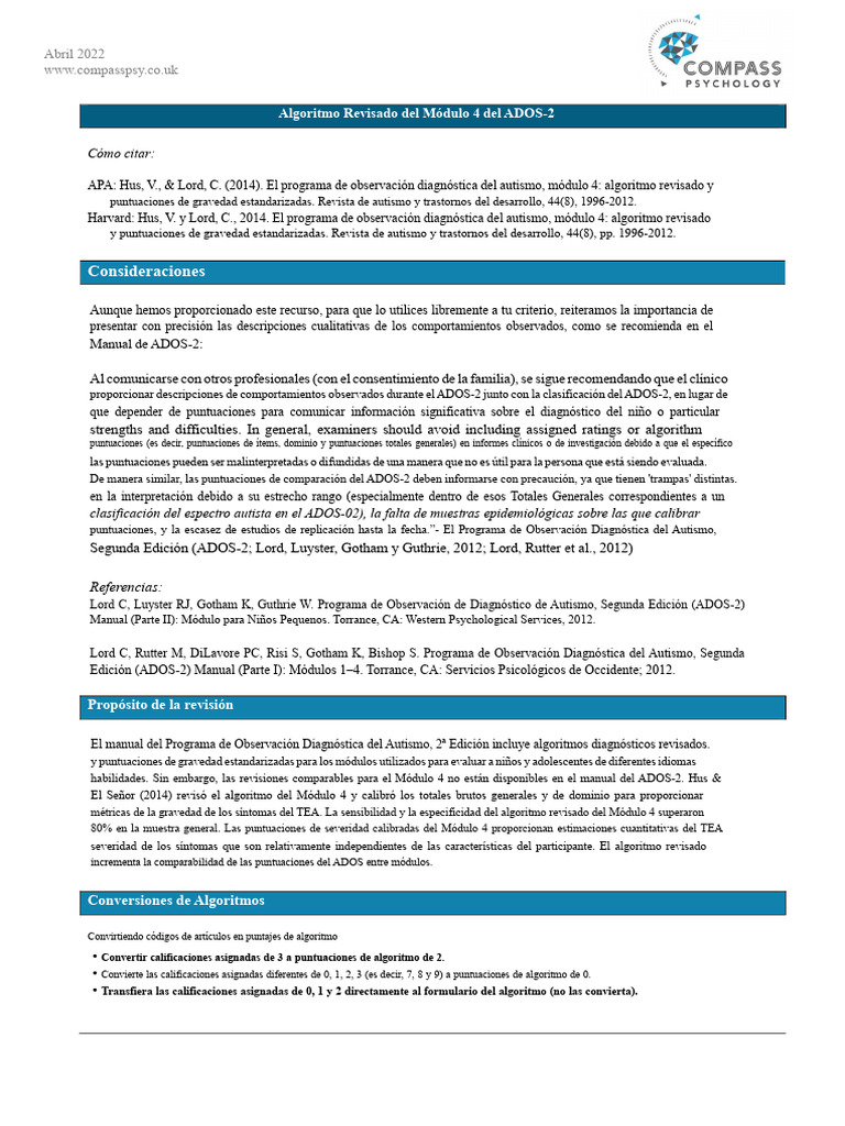 ADOS 2 Módulo 4 Algoritmo Revisado Hus y Lord 2014 Abril 2022 | PDF ...