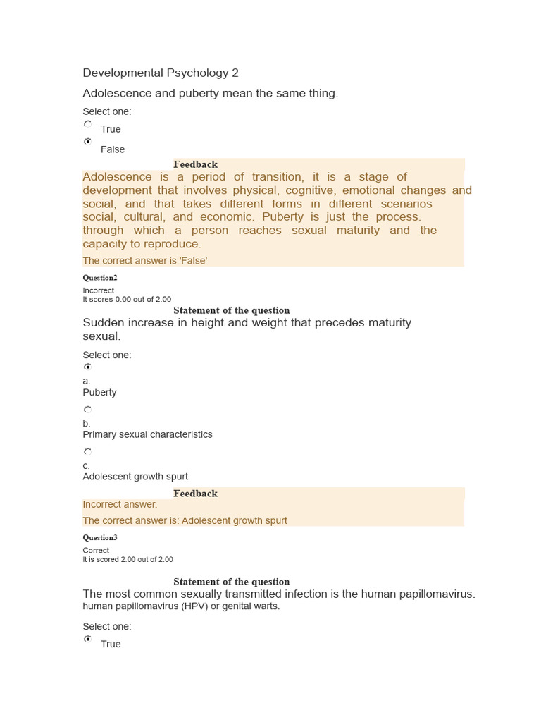 Developmental Psychology 2 Virtual Questionnaire | PDF | Adolescence ...