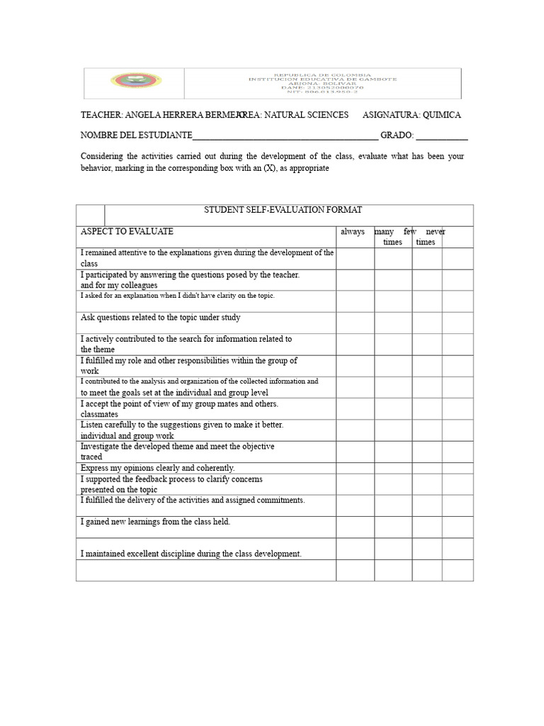 Student Self-Assessment Format | PDF
