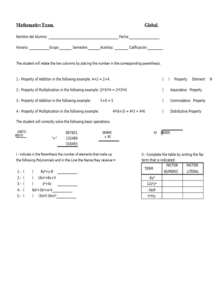 Global Mathematics Exam (First Semester) | PDF