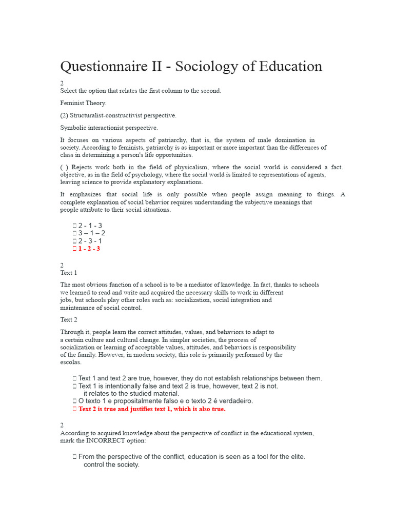 Questionnaire II - Sociology of Education - TOTAL 20 | PDF | Sociology ...
