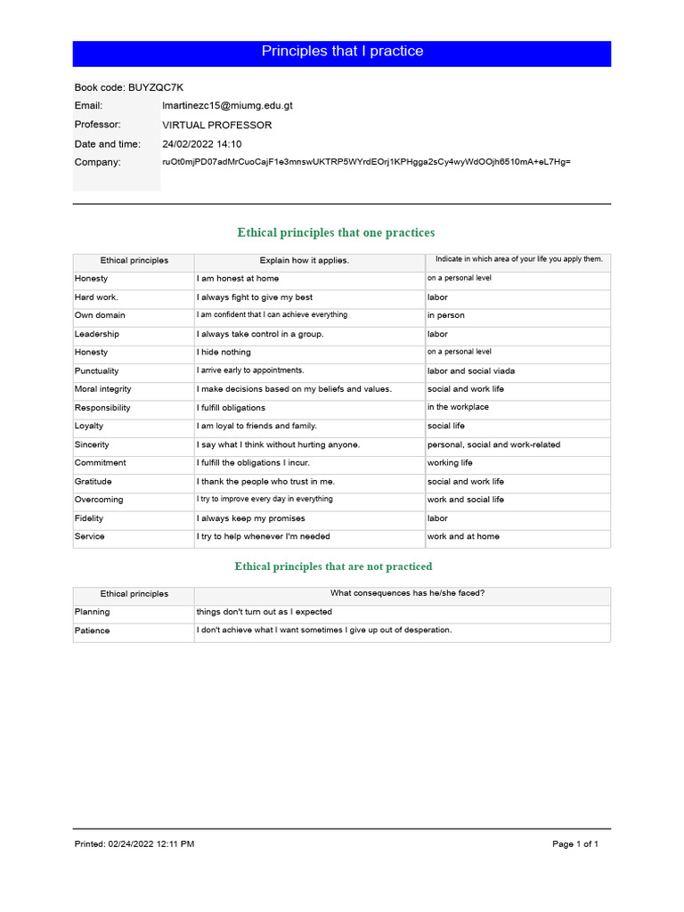 Personal Ethical Principles Overview | PDF | Integrity | Loyalty