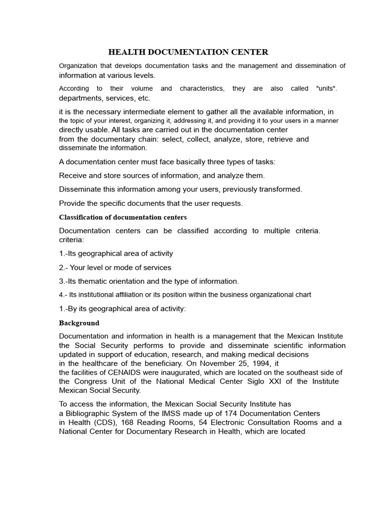 Health Documentation Centers Overview | PDF | Libraries | Information