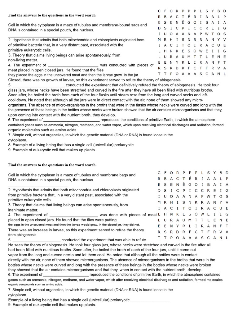 Word Search Origins of Life | PDF | Cell (Biology) | Microorganism