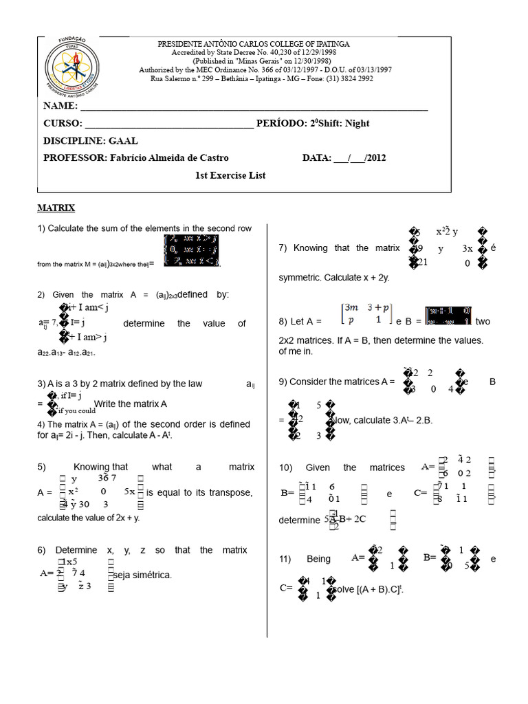 GAAL Matrix Exercises List 2012 | PDF | Matrix (Mathematics) | Determinant