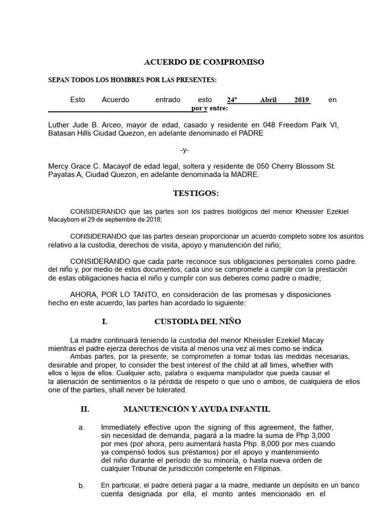 Acuerdo de Custodia y Manutención Infantil | PDF