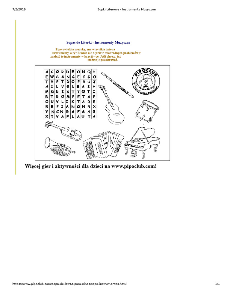 Krzyżówki - Instrumenty Muzyczne | PDF