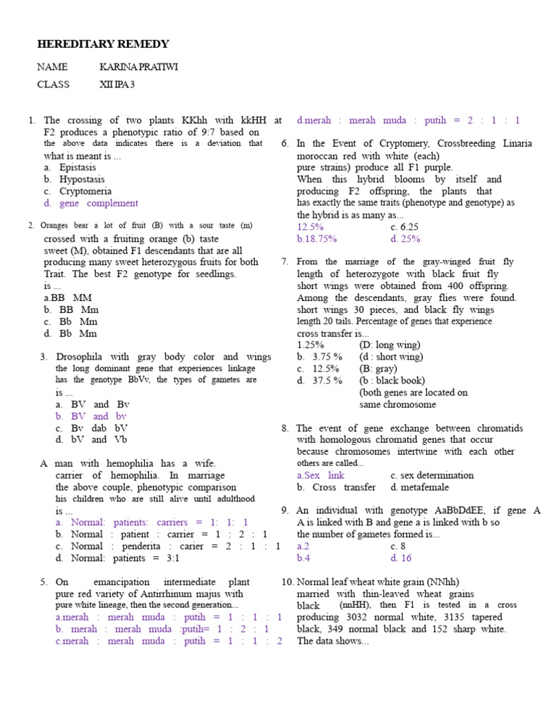 Inheritance Questions | PDF | Genotype | Dominance (Genetics)