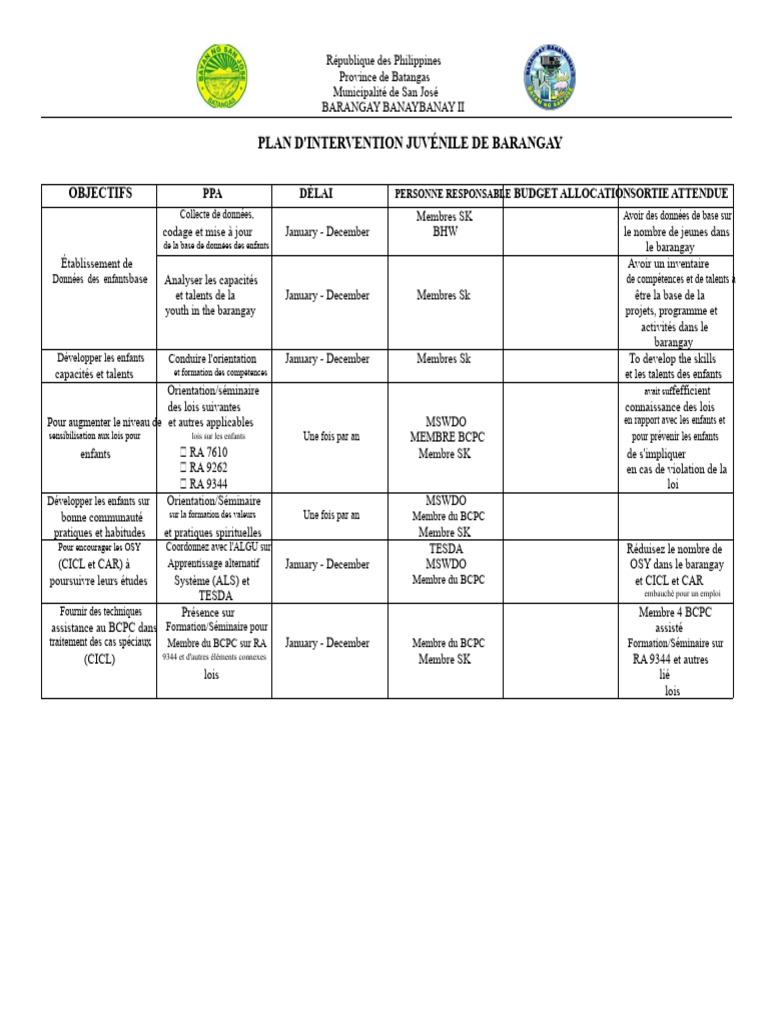 Plan D'intervention Pour Les Jeunes de Barangay Final | PDF