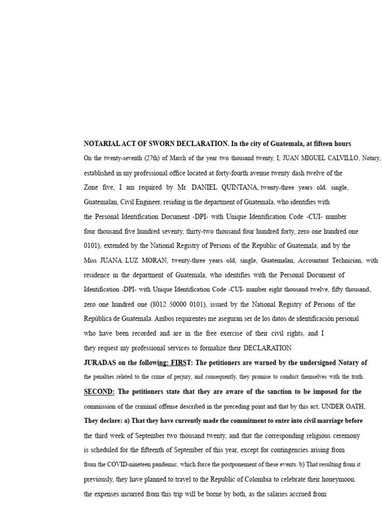 Sworn Declaration of Marriage Commitment | PDF | Guatemala | Justice
