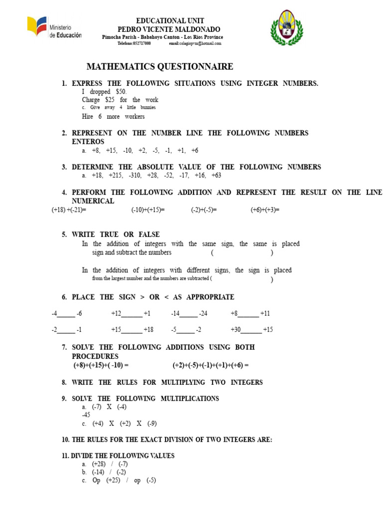 Mathematics Questionnaire | PDF | Numbers | Elementary Mathematics
