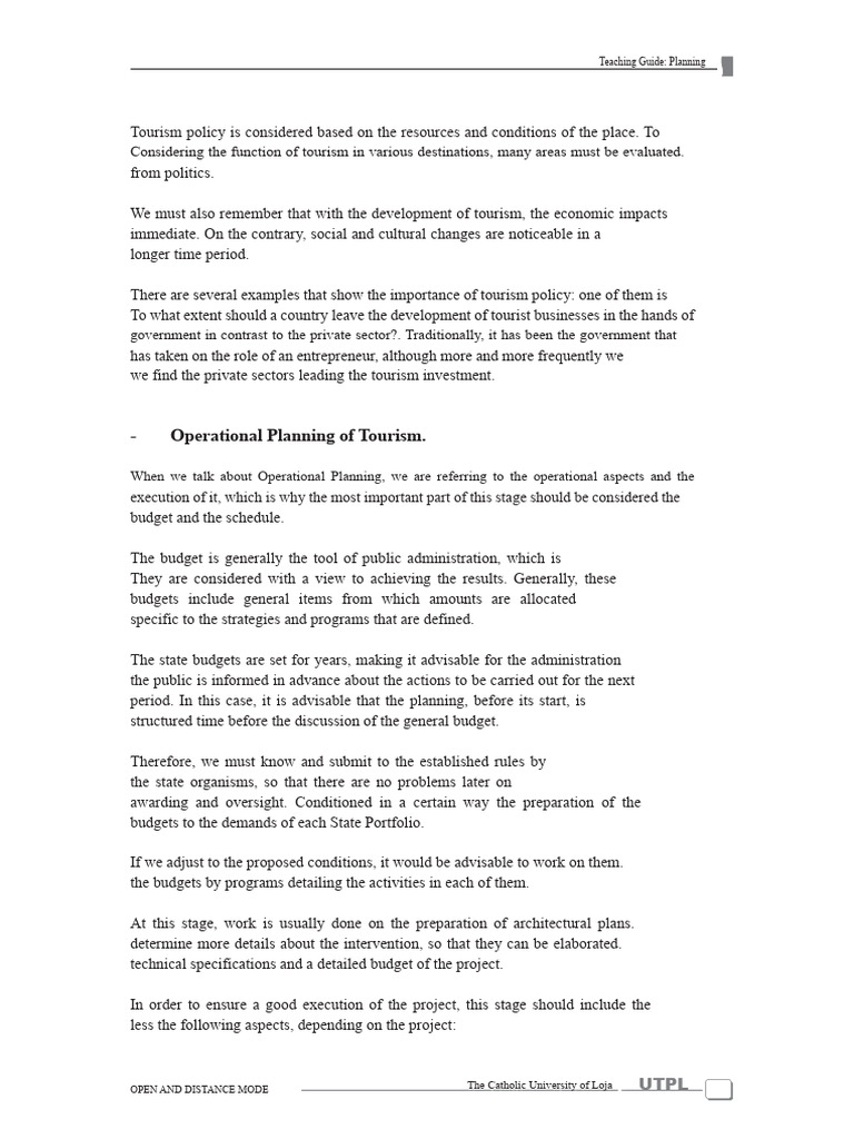 Operational Planning of Tourism | PDF | Tourism | Budget