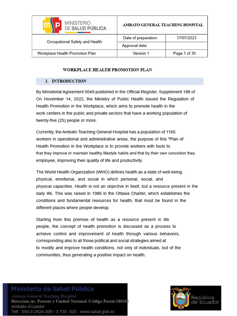 Health Promotion Plan in The Workplace | PDF | Health Promotion ...
