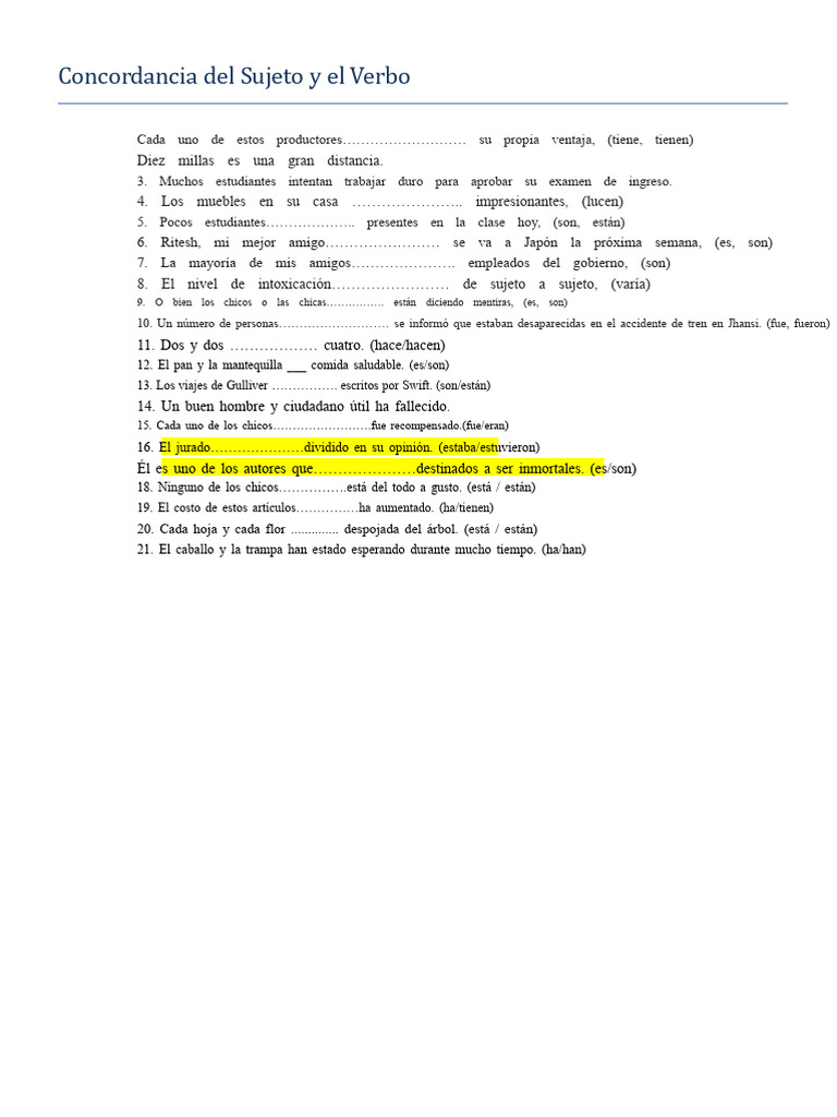 Concordancia entre Sujeto y Verbo | PDF