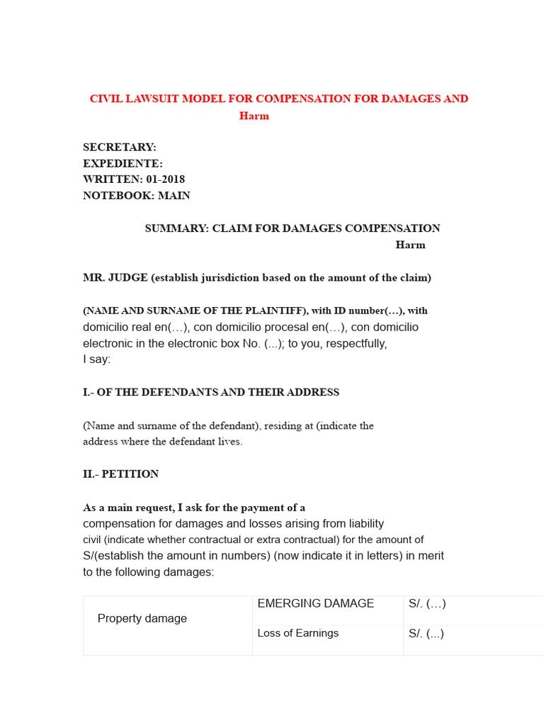 Civil Lawsuit Model for Damages Compensation | PDF | Damages ...