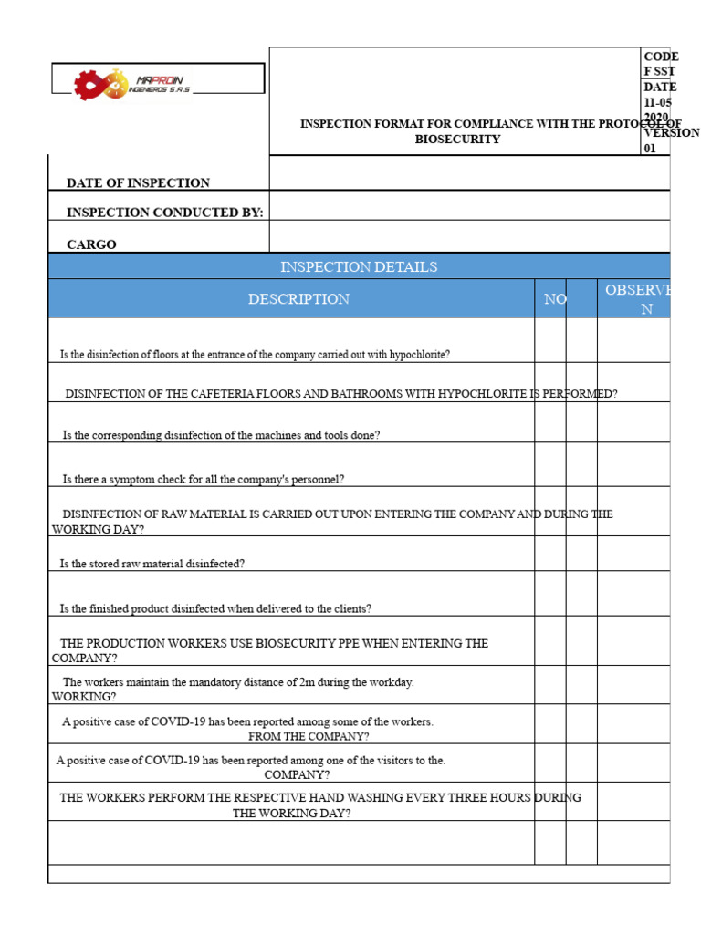 Inspection Format For Compliance With The Biosafety Protocol | PDF