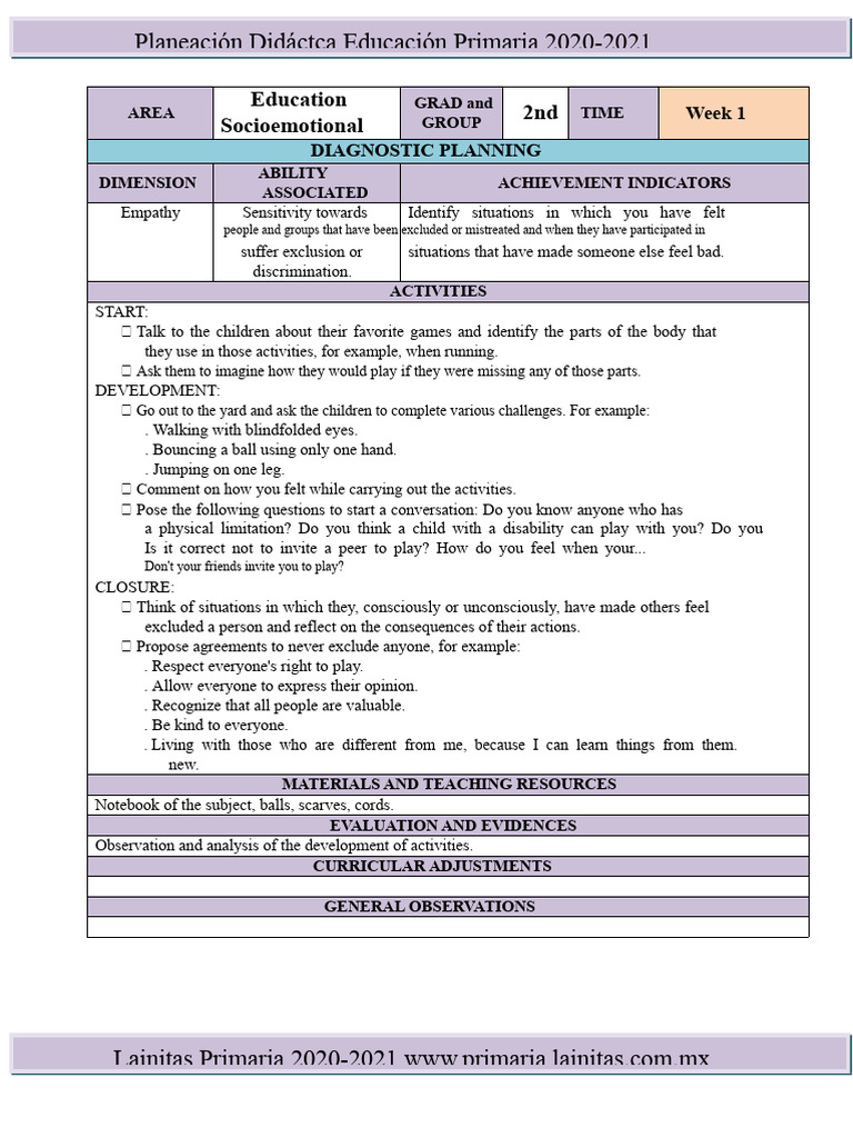 Diagnostic Plan - 2nd Grade Socioemotional Education (2020-2021) | PDF ...