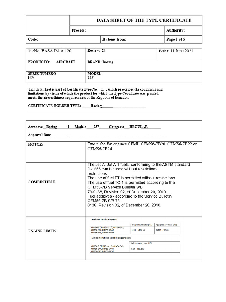Data Sheet Certificate Type 737 | PDF | Aircraft | Transport