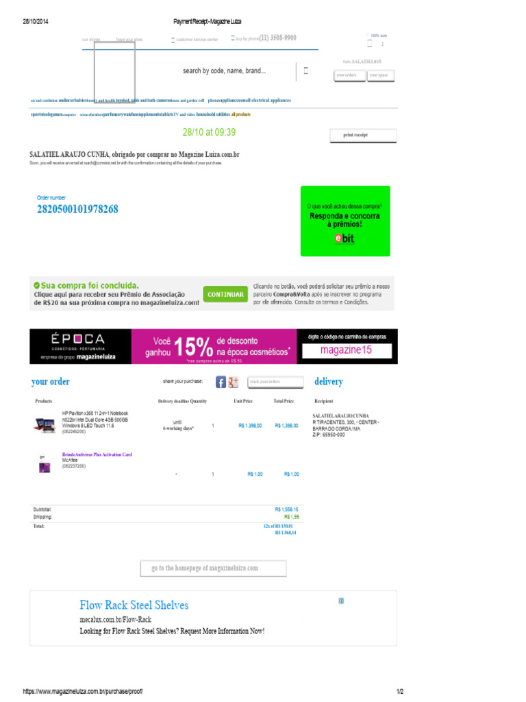 Magazine Luiza Payment Receipt | PDF | Receipt | Computer Hardware