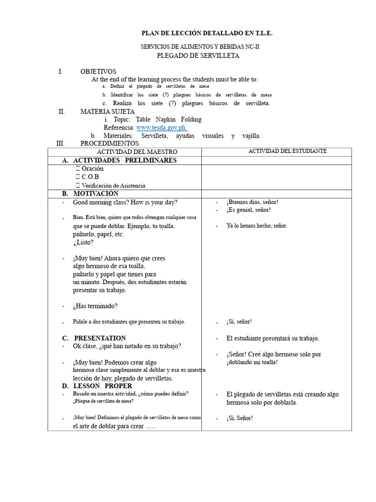 Plan de Lección Detallado en Tle | PDF