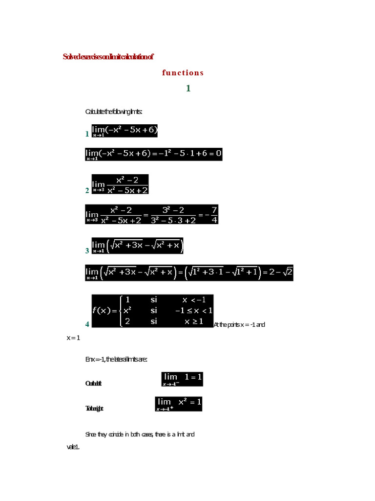 Solved Exercises of Limit Calculation of Functions | PDF