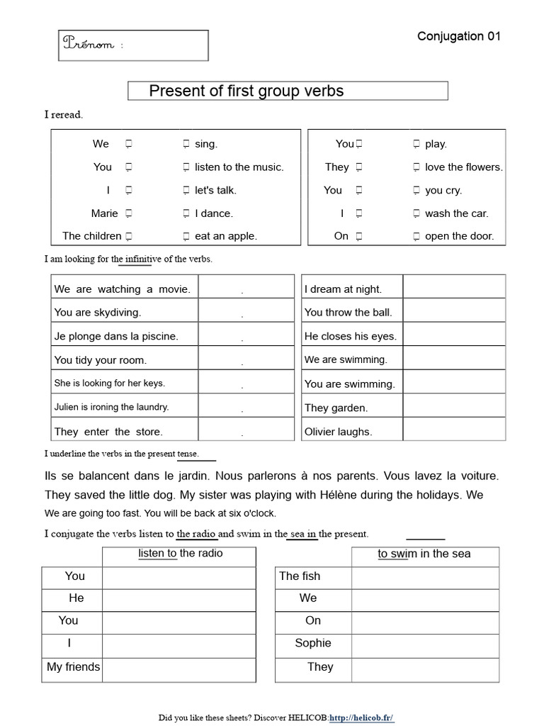 Present Tense of First Group Verbs CE2 Conjugation Cycle 3 | PDF ...