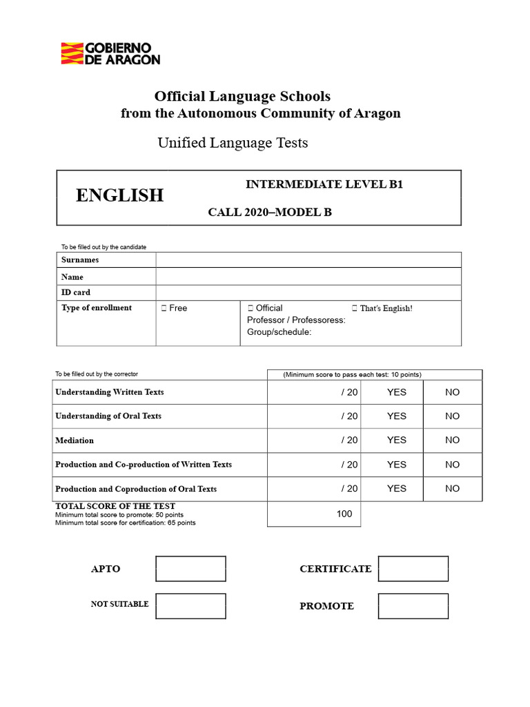 ENGLISH B1 Call 2020 - Model B | PDF