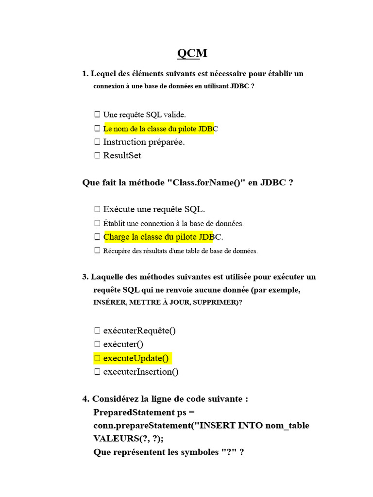 Questions sur JDBC et Java pour QCM | PDF | Java (Langage de ...