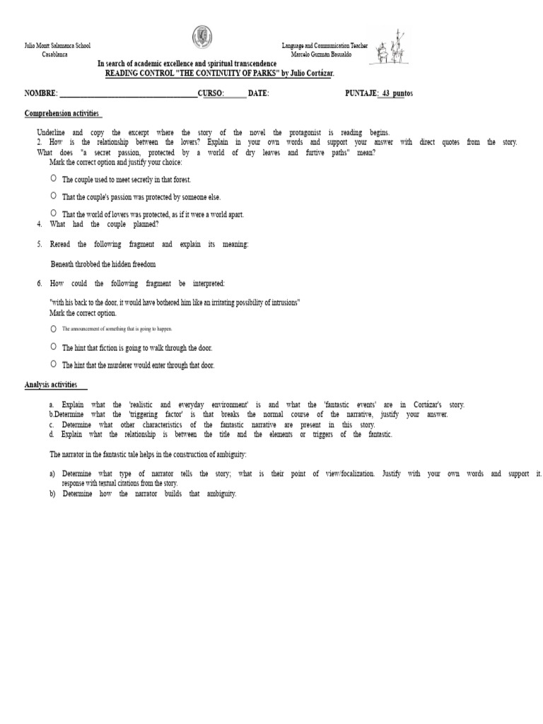 Activity Comprehension The Continuity of The Parks | PDF | Narrative ...