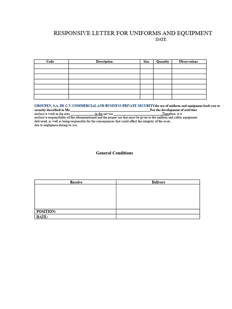 Responsibility Letter For Uniforms and Equipment | PDF