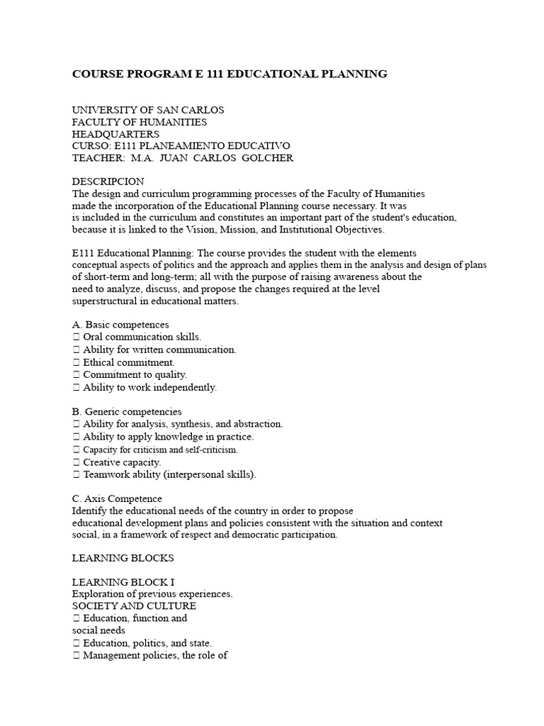 Course Program e 111 Educational Planning | PDF | Education Policy ...